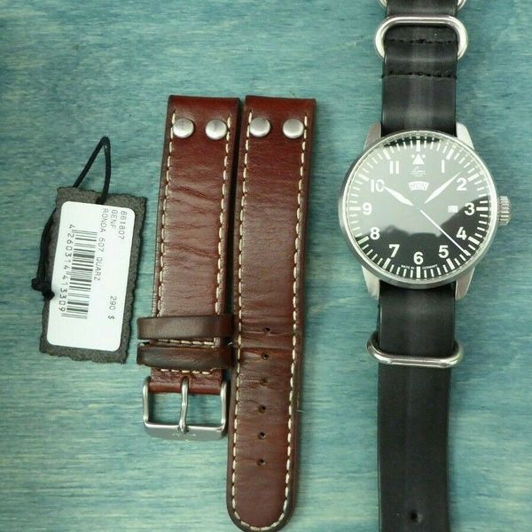 Laco Genf 42 mm Pilot Basic Quartz Black Type A Dial w Black Brown ...