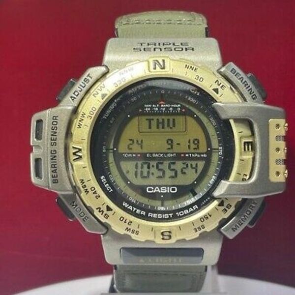 CASIO PRO TREK Outdoor Watch Triple Sensor Battery Change Leather Strap ...