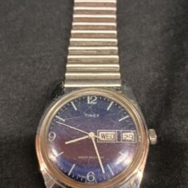 Timex Blue Face Water Resistant Silver Tone W/ Day/date Watch WIND UP ...