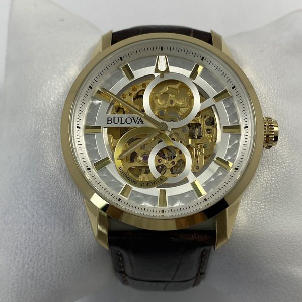 Bulova Sutton Automatic Skeleton Dial Brown Leather Strap Men's Watch ...