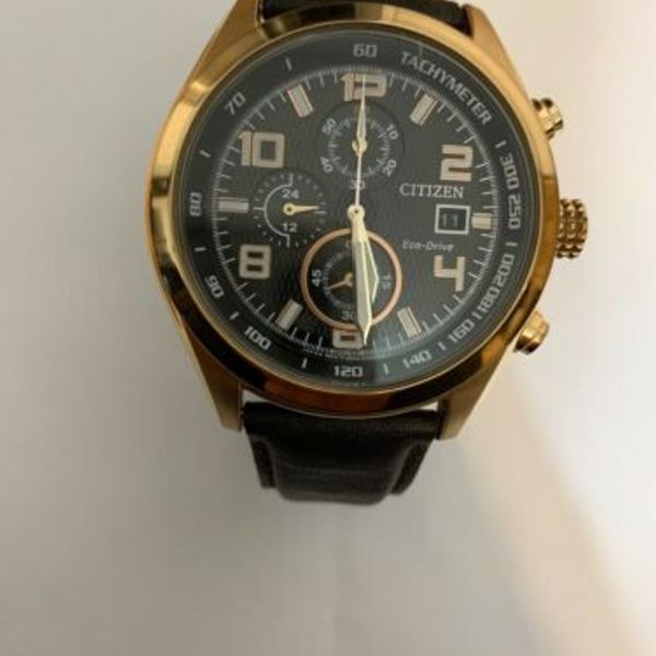 Citizen Men's Eco-Drive Chronograph Tachymeter Gold Leather Strap Watch ...
