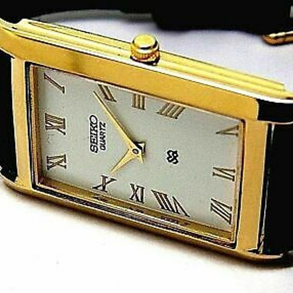 seiko quartz men's gold plated white dial japan made rectangle shape ...