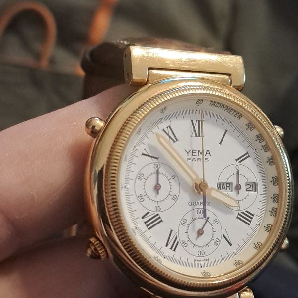 YEMA PARIS Brand Quartz Watch Gold Plate Box Leather Strap ...