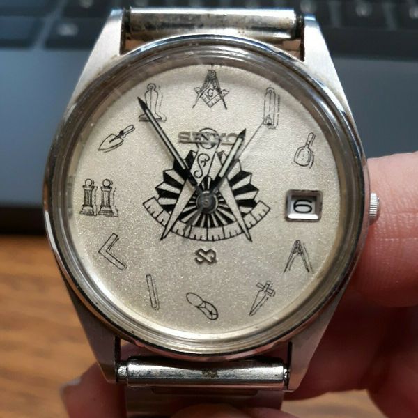 Vtg SEIKO Masonic Symbol Dial FreeMason Self-Winding Gold Silver Watch ...