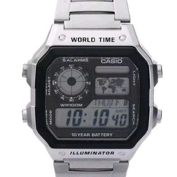 Casio AE-1200WHD-1AV Menâ s Digital World Time Watch Stainless Steel ...