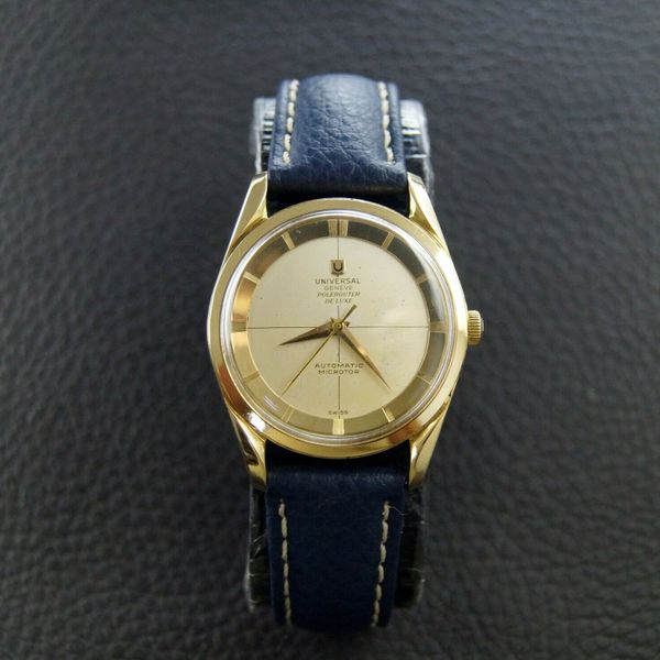 VINTAGE UNIVERSAL GENEVE POLEROUTER DeLUXE 18K SOLID GOLD AUTOMATIC ...