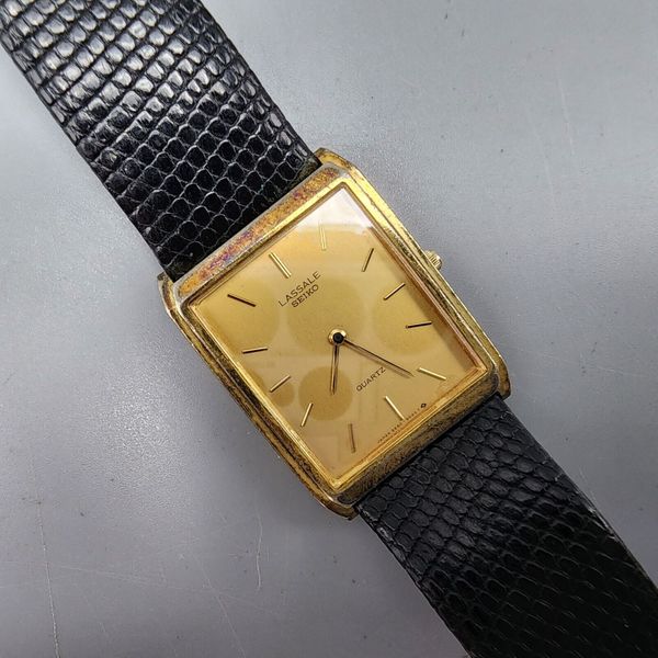 VTG Seiko Lassale Tank Watch Men Gold Tone Leather Band 9550-5039 New ...