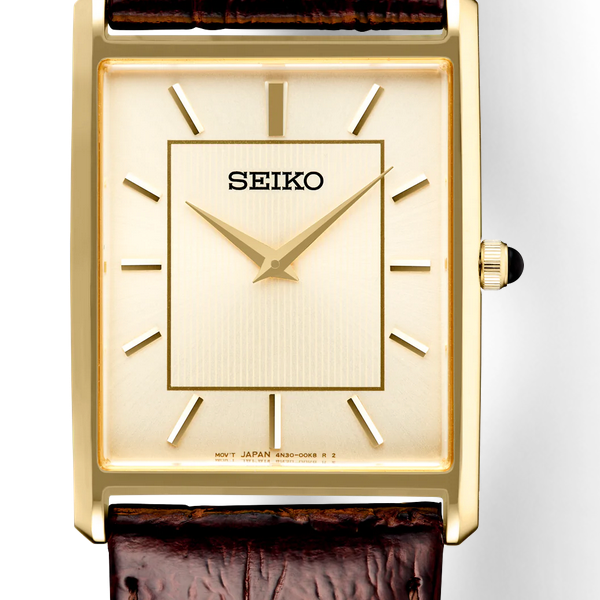 Seiko SWR064 Gold Tone Square Dial Brown Leather Men's Dress Watch ...