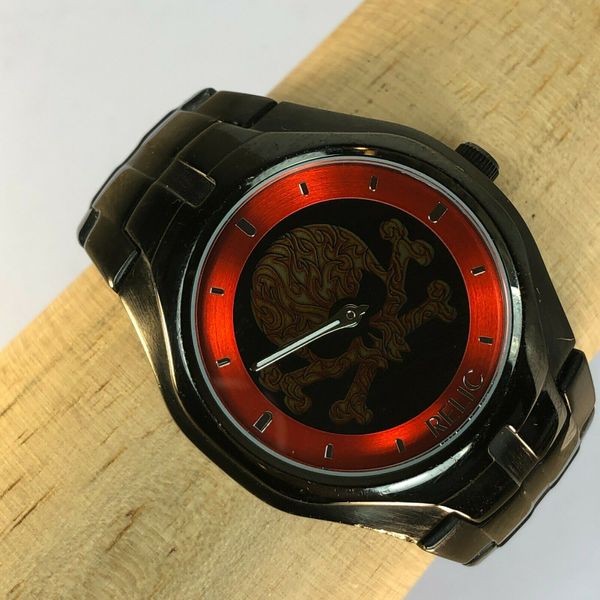 Relic Mens All Black Animated Digital Fire Skull Stainless Steel Watch ...