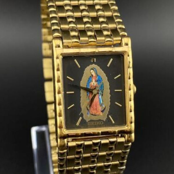 Vintage Seiko Gold Tone Tank Style Virgin Mary Black Dial Watch Rare ...