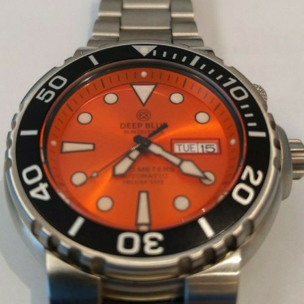 Deep Blue Diver Watch Sun Diver 1000m Water Resistant Orange Dial ...
