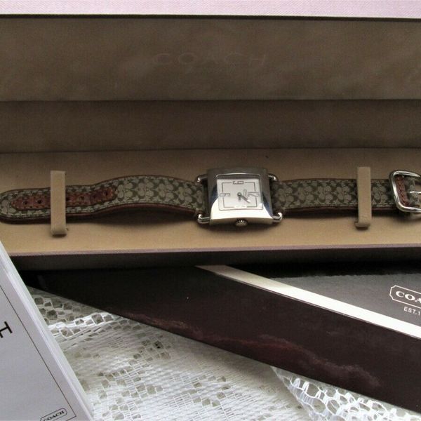 ⌚Coach ~ Silver Square Face 0221 Watch Signature C Canvas and Brown ...