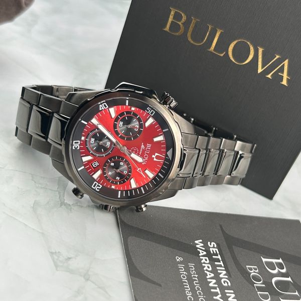 Bulova Marine Star 98B350 Red Dial Gray Band Chronograph Men's Quartz ...
