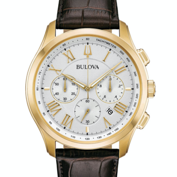 Bulova Gold-Tone Stainless Steel Brown Leather Quartz Men's Watch ...