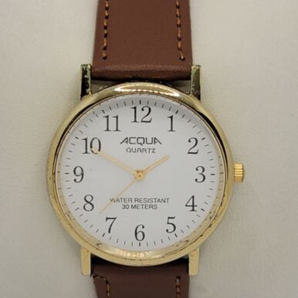 Mens Acqua by Timex Classic Round Gold Tone Case Brown Leather Strap ...