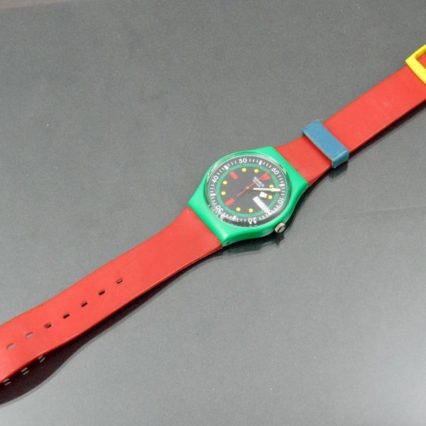 SWATCH WATCH EMERALD DIVER 1986 Green and Red New Battery Working ...