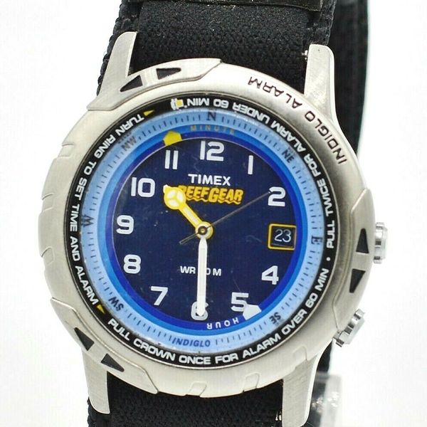 TIMEX REEF GEAR MEN'S STAINLESS STEEL WATCH BLACK VELCRO BAND BLUE DIAL ...
