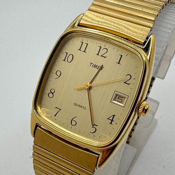 Vintage Timex Quartz Watch Men Gold Tone Barrel Stretch Date Analog New ...