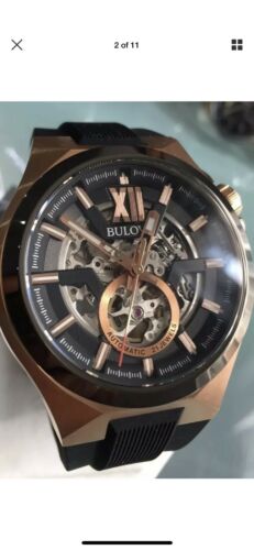 Mens Bulova Watch Automatic Rose Gold Steel Black Sapphire Glass 98A177 ...