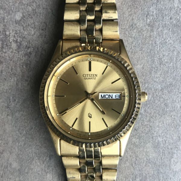 Vintage Citizen QQ Men's Gold Tone Day Date 1100-R12543 Watch Bin R ...