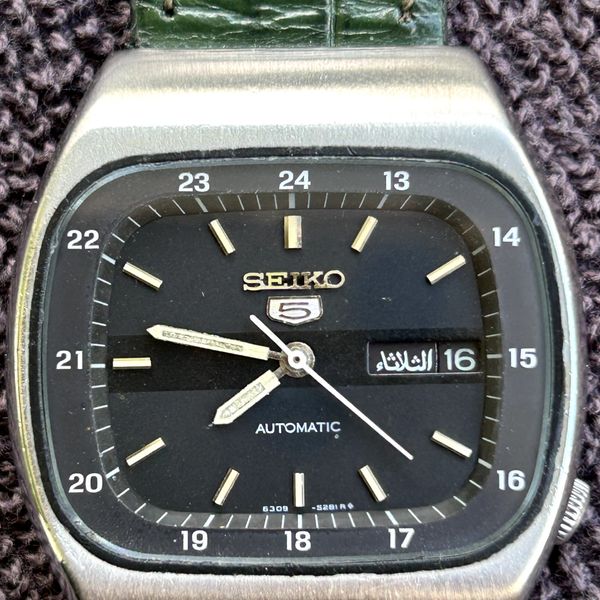 AUTOMATIC SEIKO 5 VINTAGE BLACK SQUARE DIAL DAY DATE 6309 WRIST WATCH ...
