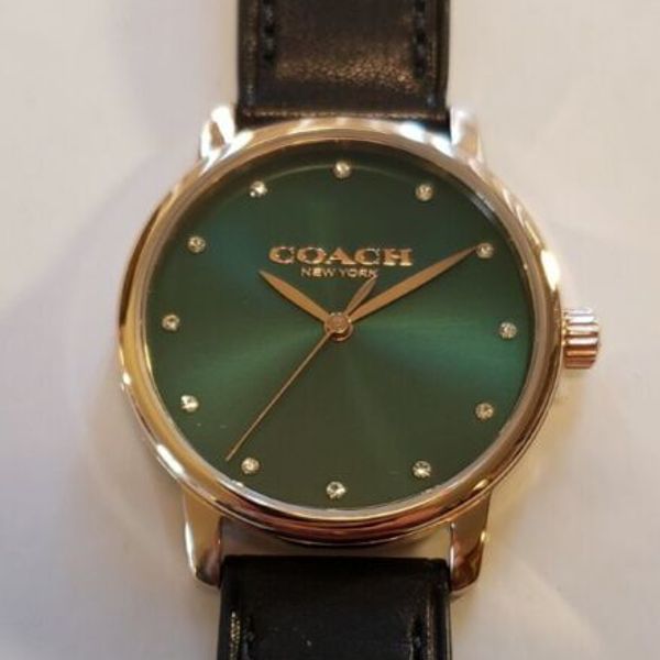 Coach Grand Watch With 36mm Emerald Green Face & Black Leather Band ...
