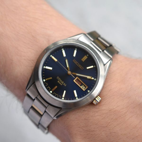 2002 Seiko Titanium Two Tone Day Date Men's Blue Dial Bracelet Rare ...