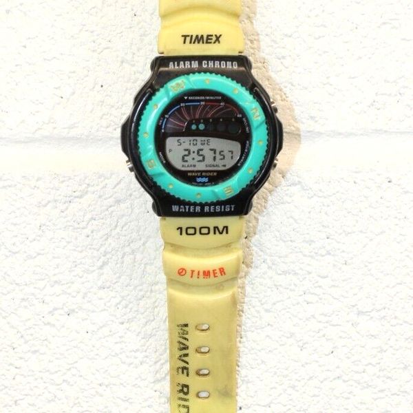 Vintage RARE! Timex WAVE RIDER Digital Wrist Watch Long Strap Yellow ...
