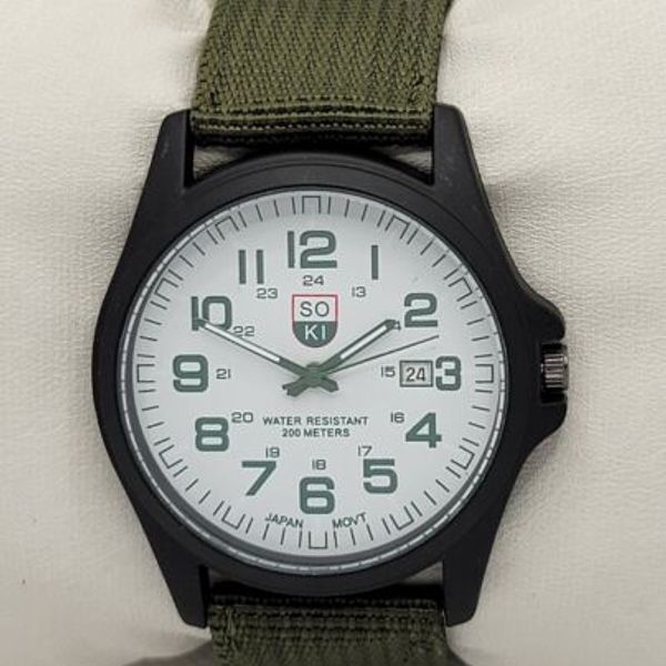Mens Soki Field Military Army Round Black Case Date Green Canvas Strap ...
