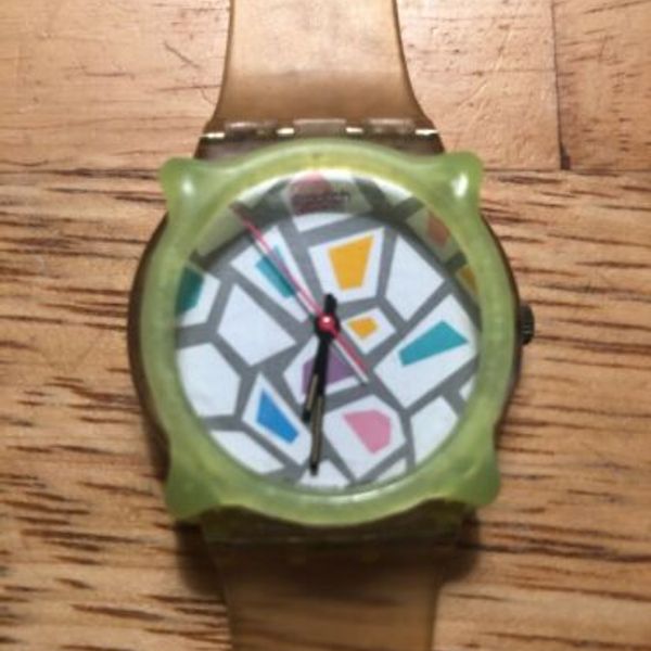 VINTAGE 80’s SWATCH WATCH, CLEAR WITH NEON GREEN FACE PROTECTOR ...