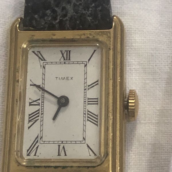 Vintage TIMEX Tank Mechanical Watch Gold Tone Roman Numerals ...