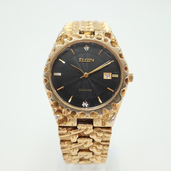 Vintage Elgin Mens Gold Tone Nugget Watch 37mm Black Date Dial w New ...