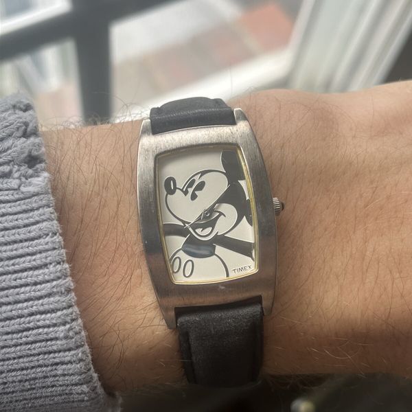 Timex Mickey Mouse Watch Silver White Dial Tank - Rare - New Battery ...