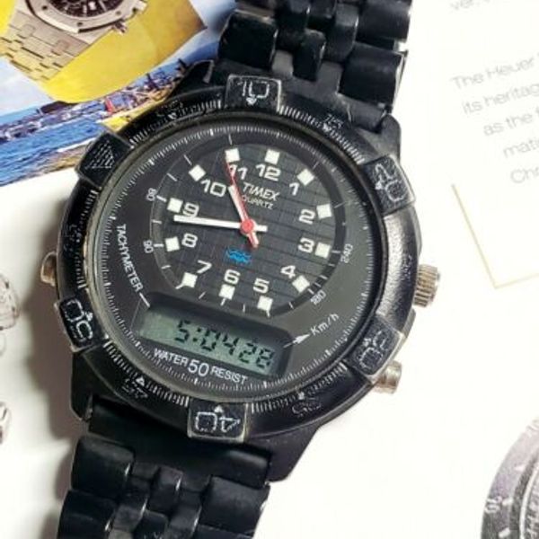 RARE Vintage Timex Tachymeter L Cell JAPAN Black PVD Men's Watch Ana ...