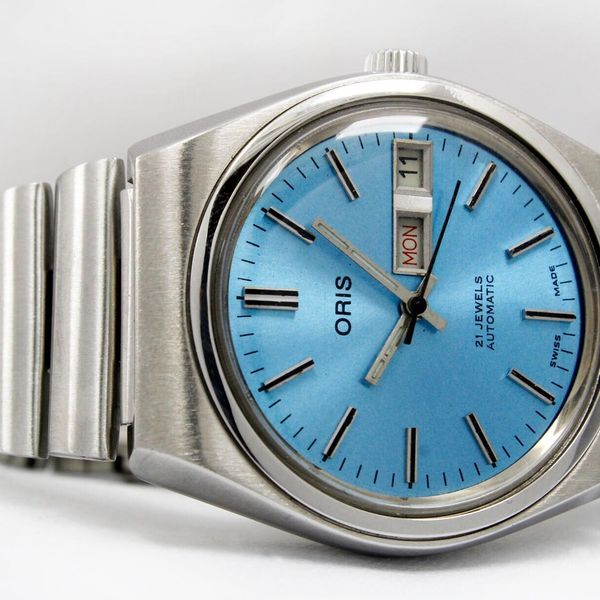 Vintage Oris Day Date Automatic 21 Jewels Sunburst Blue Steel Serviced ...