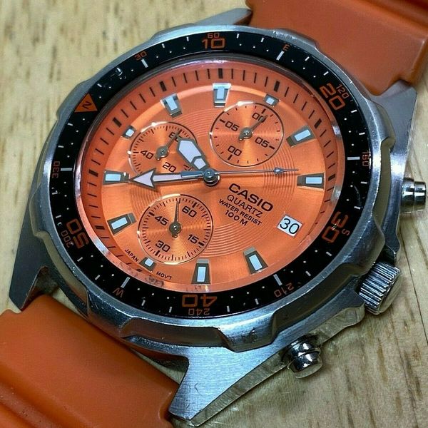 CASIO 5345 AMW-380 Men 100m Orange Analog Chronograph Watch Hour~Date ...