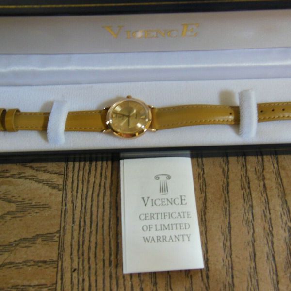 VICENCE 18K YELLOW GOLD ROUND WATCH WITH TAN LEATHER BAND - ITALY ...