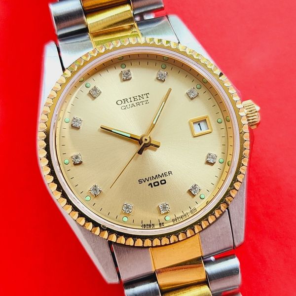 Orient Swimmer Diamond Dial Fluted Bezel Watch Two Tone Shark Caseback ...