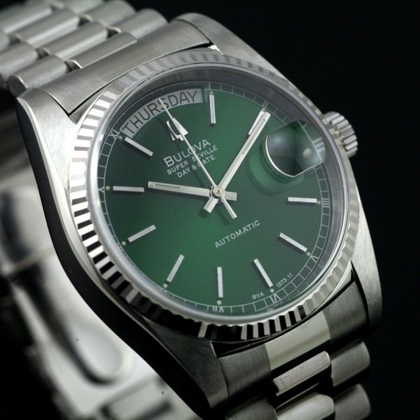 BULOVA SUPER SEVILLE DAY DATE GREEN DIAL SAPPHIRE CRYSTAL CHANGED SWISS ...