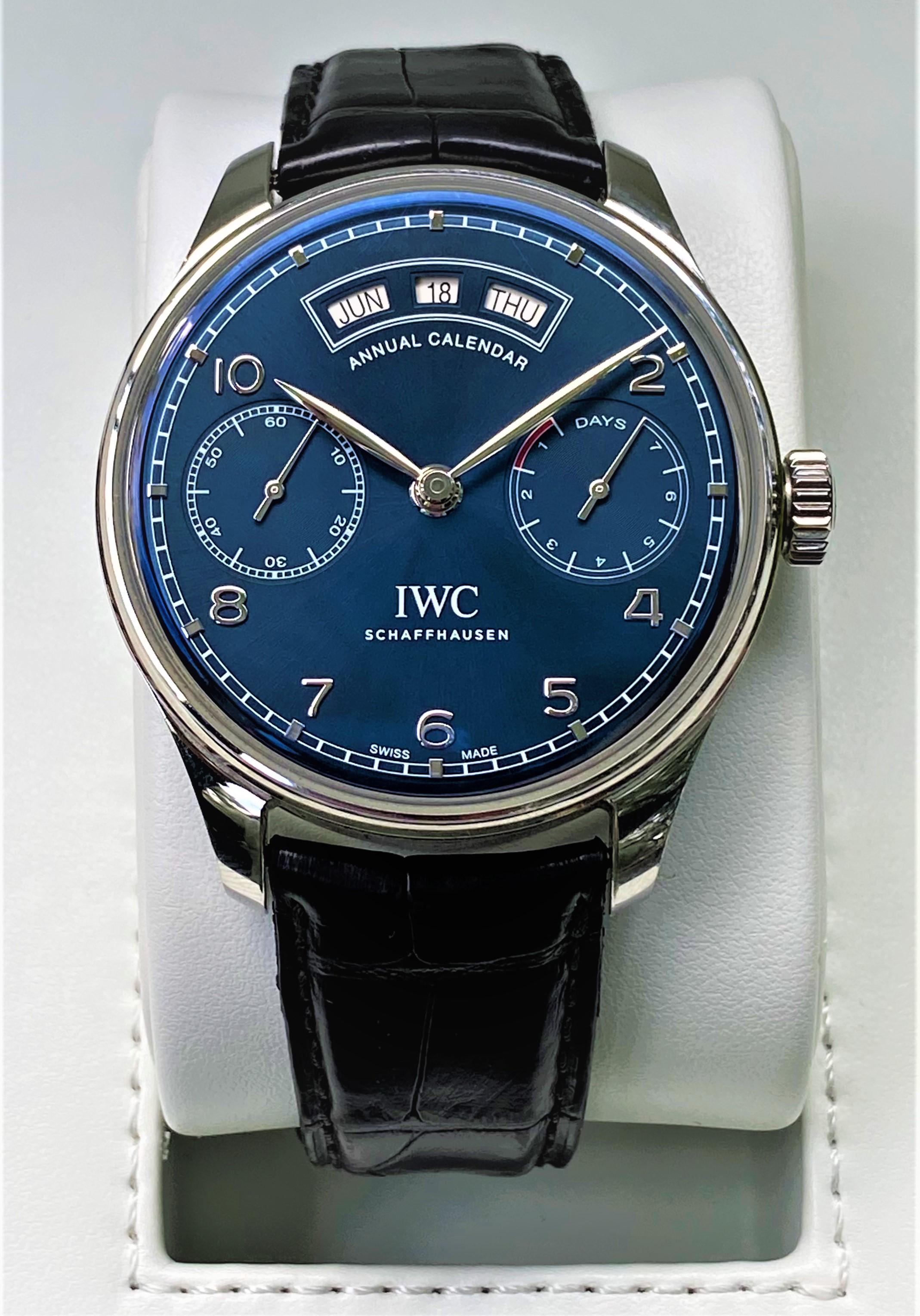 FSOT! IWC Portuguese Annual Calendar 7 Day Blue Dial IW503502 FULL SET ...