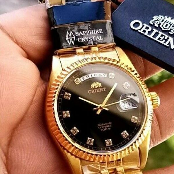 Orient Day Date Gold Black Dial SEV0J001BY DD Fluted Bezel Made in ...