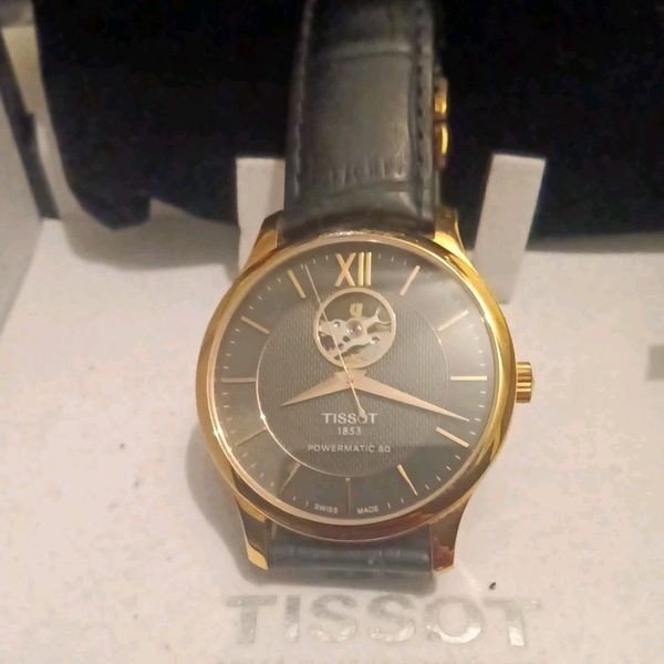 Tissot Grey Dial Black Leather Men Powermatic 80 Open Heart ...