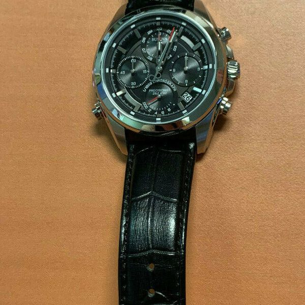 BULOVA PRECISIONIST 96B259 CHRONOGRAPH 44MM BLACK DIAL LEATHER STRAP ...