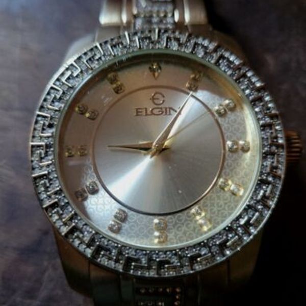 Elgin Men's Gold Dress Watch 405 Genuine Crystals on Watch & Band Fresh ...