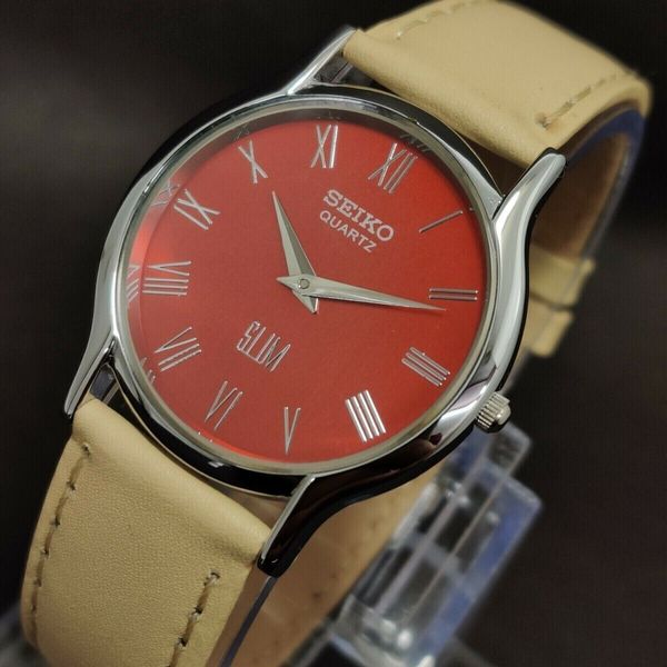 Seiko Slim Quartz New Battery Red Face Creem Band Japanese Men's Wrist ...