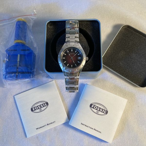 Fossil 100 Meters 10 ATM Quartz AM-4056 250801 Stainless w/ Red Dial ...