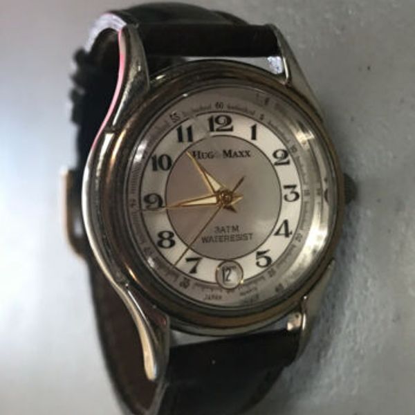 Hugo Maxx quartz 18K gold Plated Brown Leather Italian watch water ...