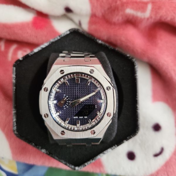 GA 2100 Navy Blue Waffle Dial w Silver hour hands, inner and outer ring ...