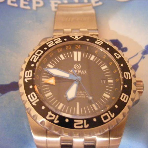 SOLD SOLD SOLD Deep Blue Master 2000 GMT Black Face Blue Hands Orange ...