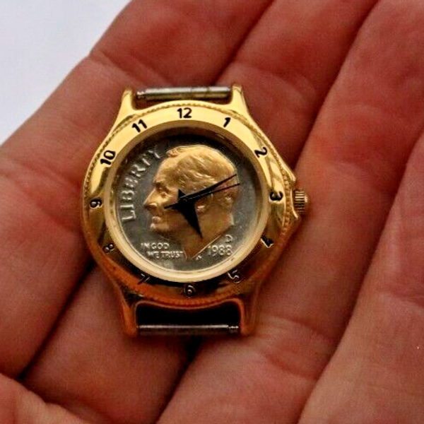 RARE Vintage Dime 1988 D USA Coin Face Watch Wristwatch Claremont Gold ...